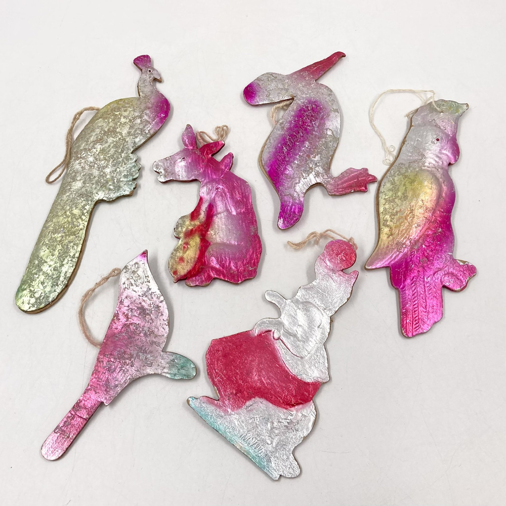 Набор из 6 подвесных ёлочных игрушек в виде различных животных и сказочных персонажей павлин ...