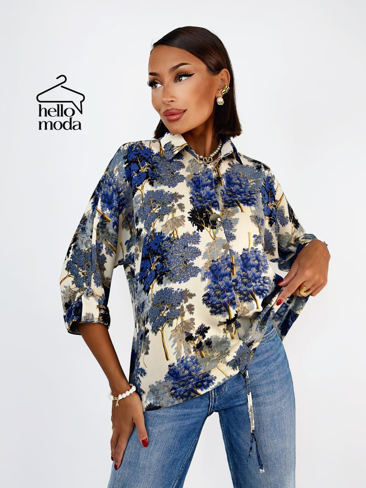 Блузка Женский HELLO MODA! синий, электрик Полиэстер Три четверти, размер 54 Шнурок Россия ...