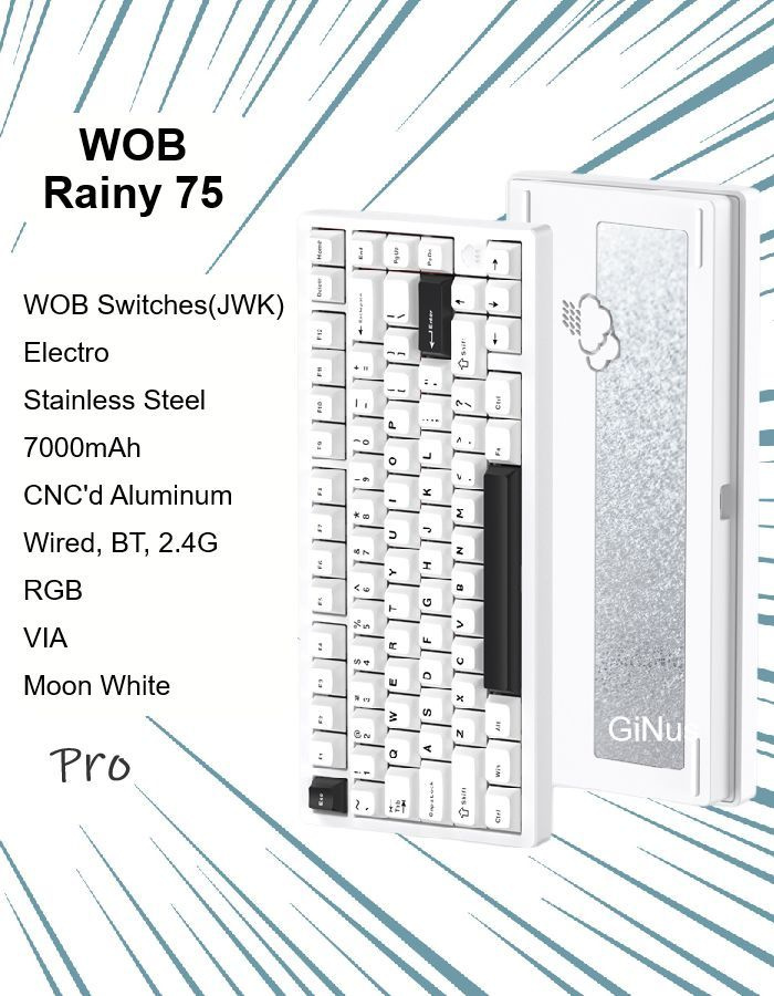 Клавиатура беспроводная Rainy75 Pro, MoonWhite, RGB, WOBSwitches, Electro, Английская раскладка ...