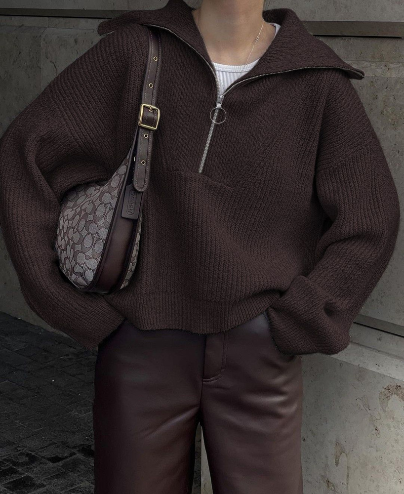 Свитер Женский Plimea шоколадно-коричневый, размер 42, 44 Молния Молния оверсайз Длинный Россия ...