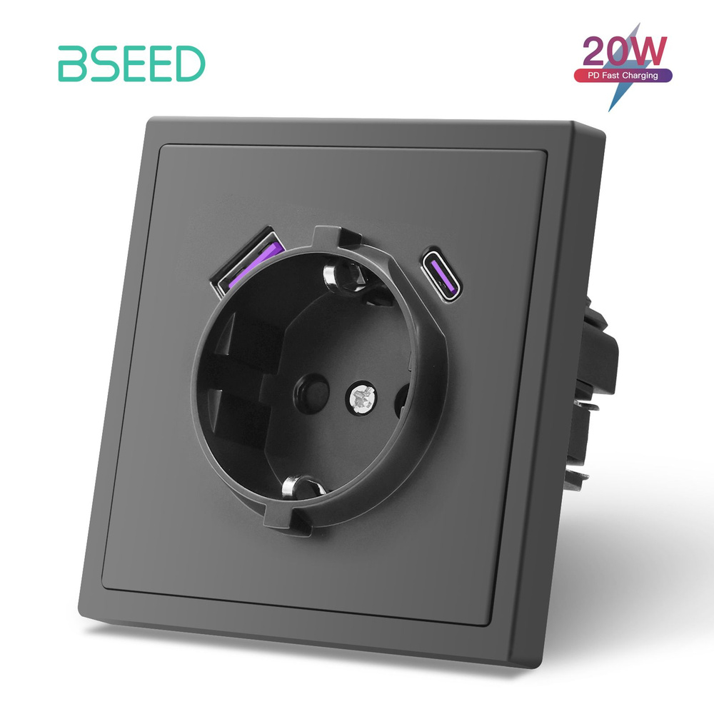 Розетка Bseed одинарная с Usb и Type C входами быстрая зарядка 20w Настенный розетка с когтями