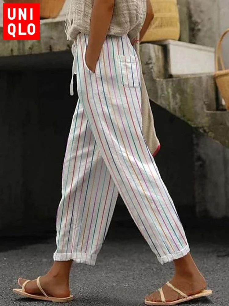 Брюки Женский Uniqlo прямые белый Хлопок Повседневный, размер 48 Другое облегающий Демисезон ...