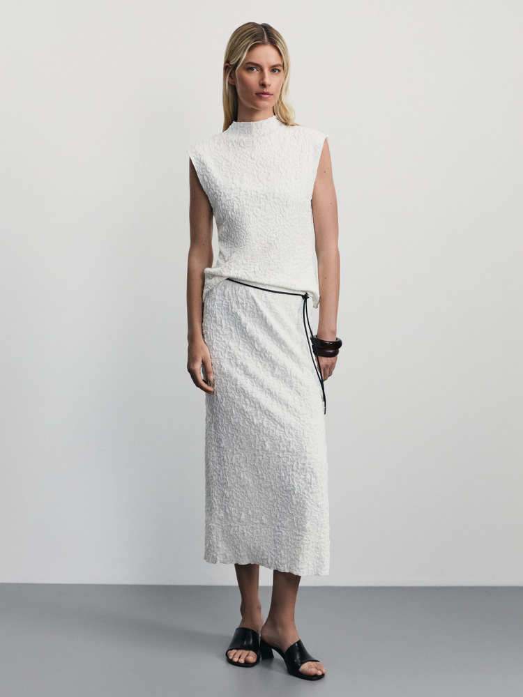 Юбка Женский Zarina ванильный Вискоза, Полиамид прямая, размер 44 Без застежки Миди Однотонный ...