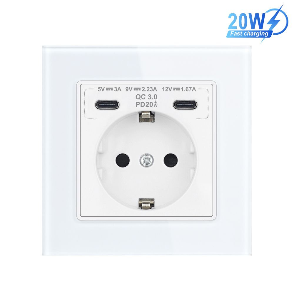 Розетка с Usb Type C Быстрая зарядка двух Type C 220 В с заземлением и защитой от короткого