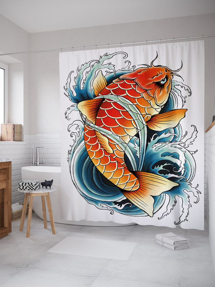 Штора для ванной 200x180 см JoyArty лошадь, волны, берег, море, кот, глаза, усы, кошка, животное ...