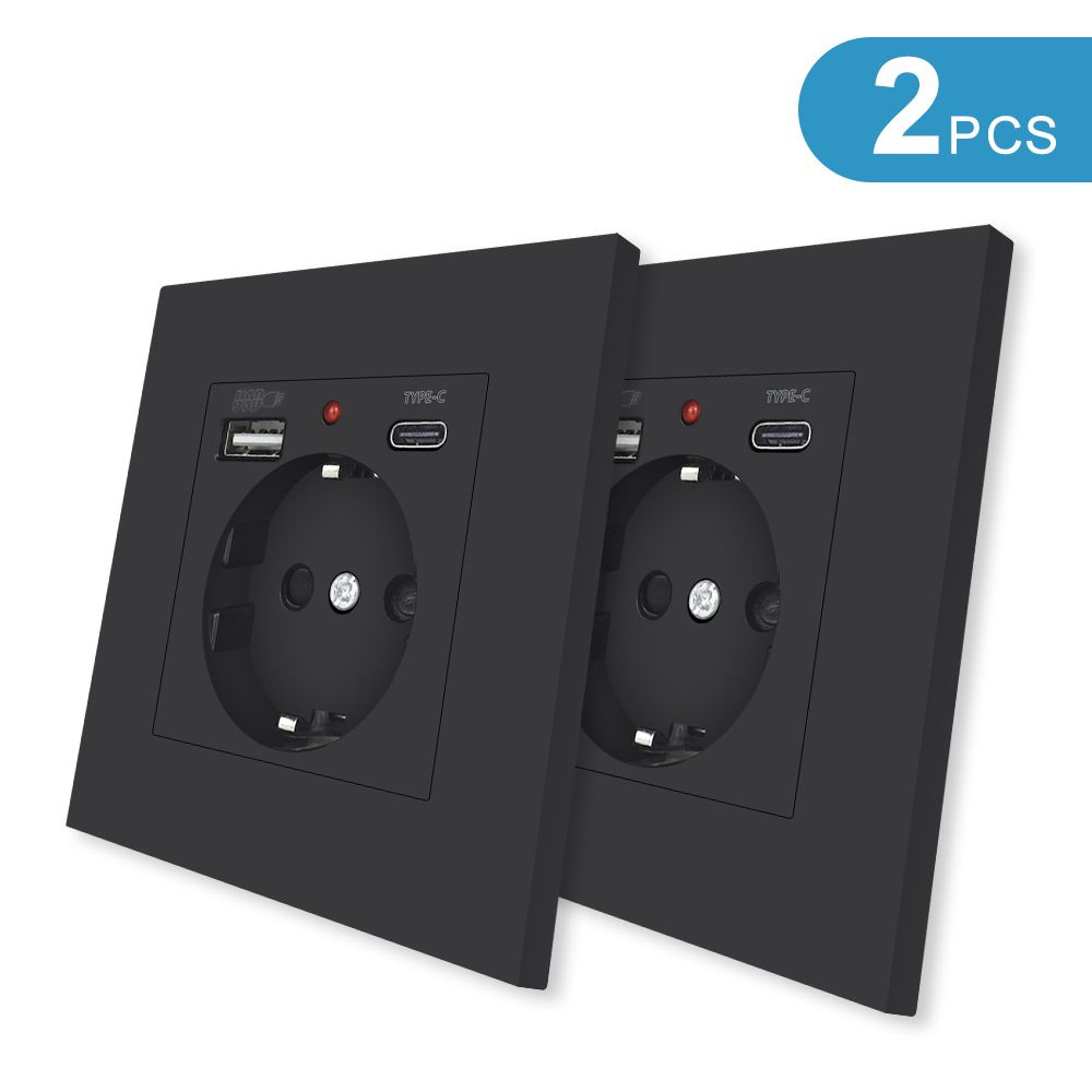 Встраиваемая розетка с Usb черная квадратная Type A и Type C 220В с заземлением и защитой от