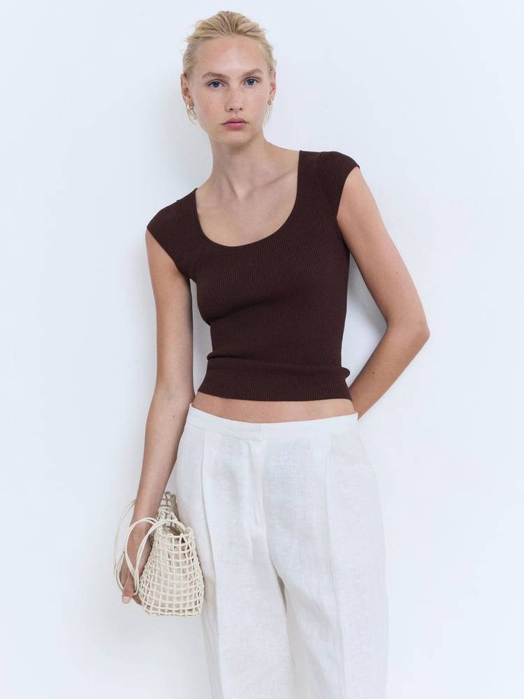 Топ Женский MANGO темно-коричневый, размер 48, 50 Хлопок, Вискоза Повседневный Китай купить c ...