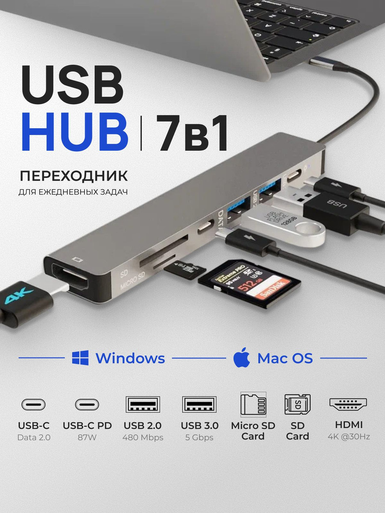 USB HUB, переходник для macbook, переходник hdmi type c, 7 В 1 купить на OZON по низкой цене ...