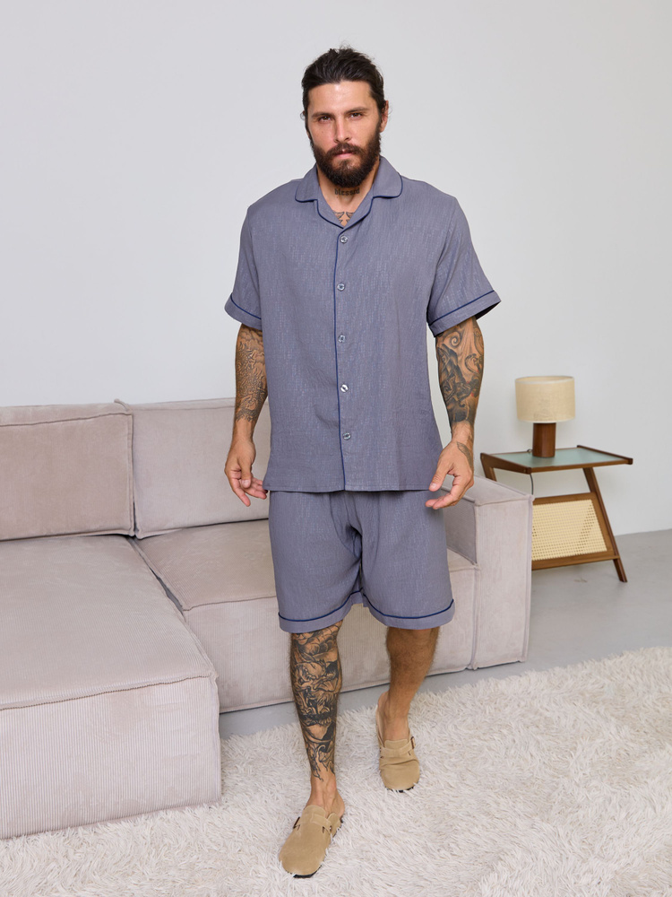 Пижама Мужской Brostem Вискоза, Модал, размер 46 синий космос Короткий Россия Пуговицы купить c ...