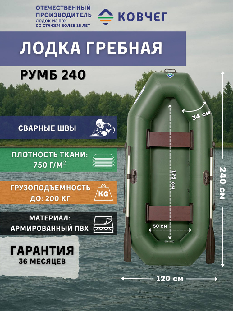 Лодка гребная ПВХ Румб 240, надувная для рыбалки двухместная (зеленый ...