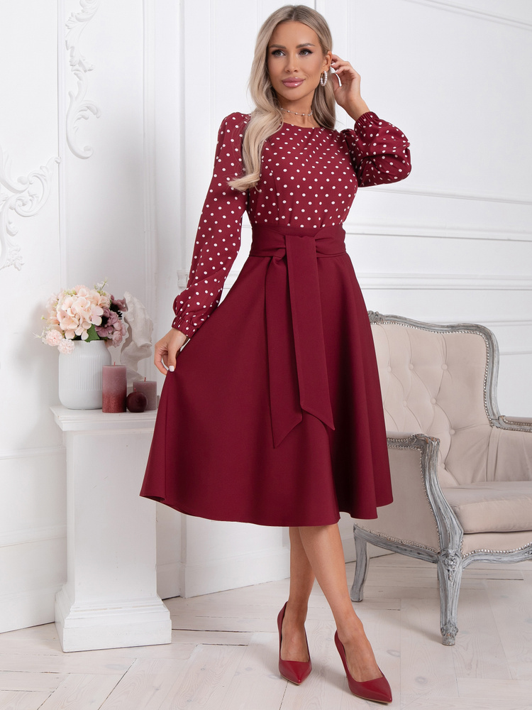 Платье Женский BELLMELODY бордовый меланж Вечерний/праздничный Длинный Текстиль Пояс/ремень ...