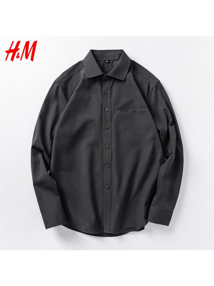 Рубашка Мужской H&M темно-серый Длинный Хлопок Бахрома Полоска, размер 50 облегающий Пуговицы 50 ...
