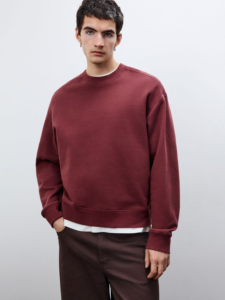 Свитшот Мужской Befree бордовый Без застежки Трикотаж, размер 50 прямой Длинный Однотонный Китай ...