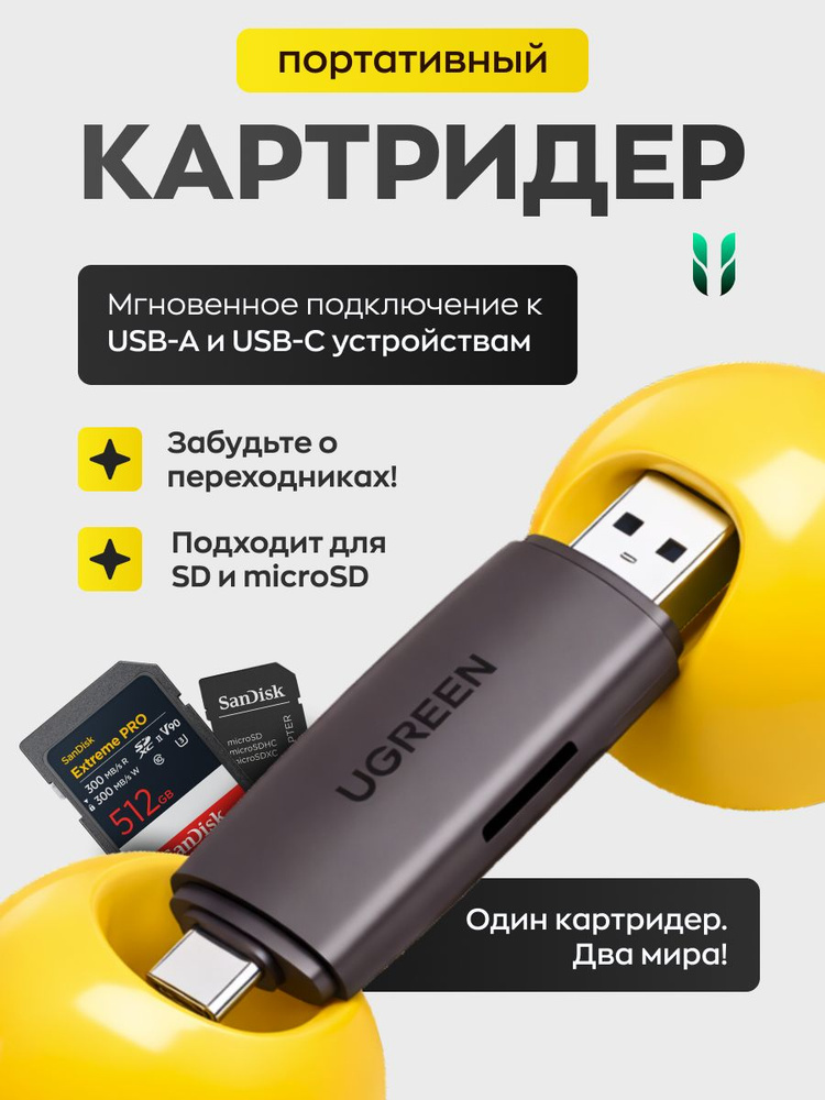 Кардридер портативный UGREEN CM304 (80191) Multifunction USB-C +USB TF ...
