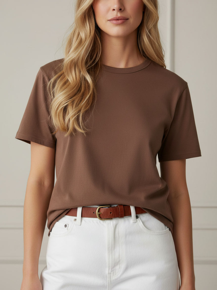 Футболка Женский CLEVER WEAR коричневый, размер 44 Хлопок Однотонный ...