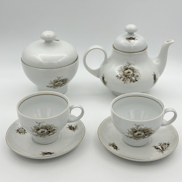 Набор чайный на 2 персоны 6 предметов, с изображением роз, фарфор, деколь, золочение, Kahla, ГДР ...