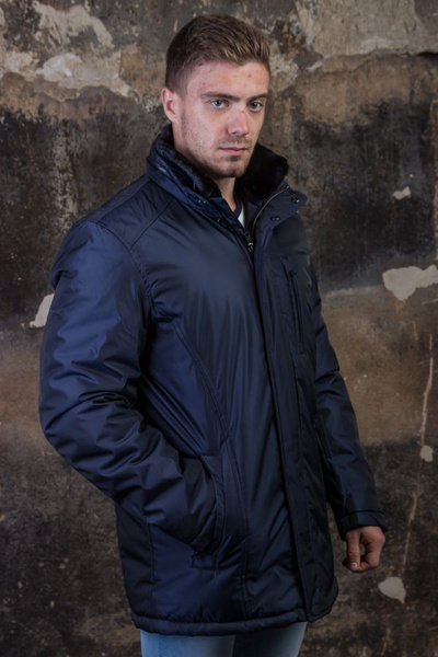 Куртка Мужской PAOLO MARK Кнопки, Карманы синий стойка Полиэстер, размер 46 Длинный Зима прямой ...