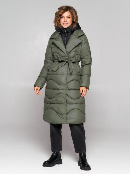 Пуховик Женский Elfina Воротник, Капюшон зеленый Полиэстер, размер 48 Длинный Зима ...