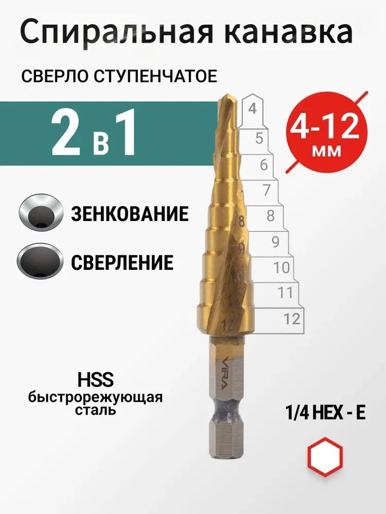 Сверло ступенчатое спиральное по металлу TiN с шестигранным хвостовиком 4-12 мм купить на OZON ...