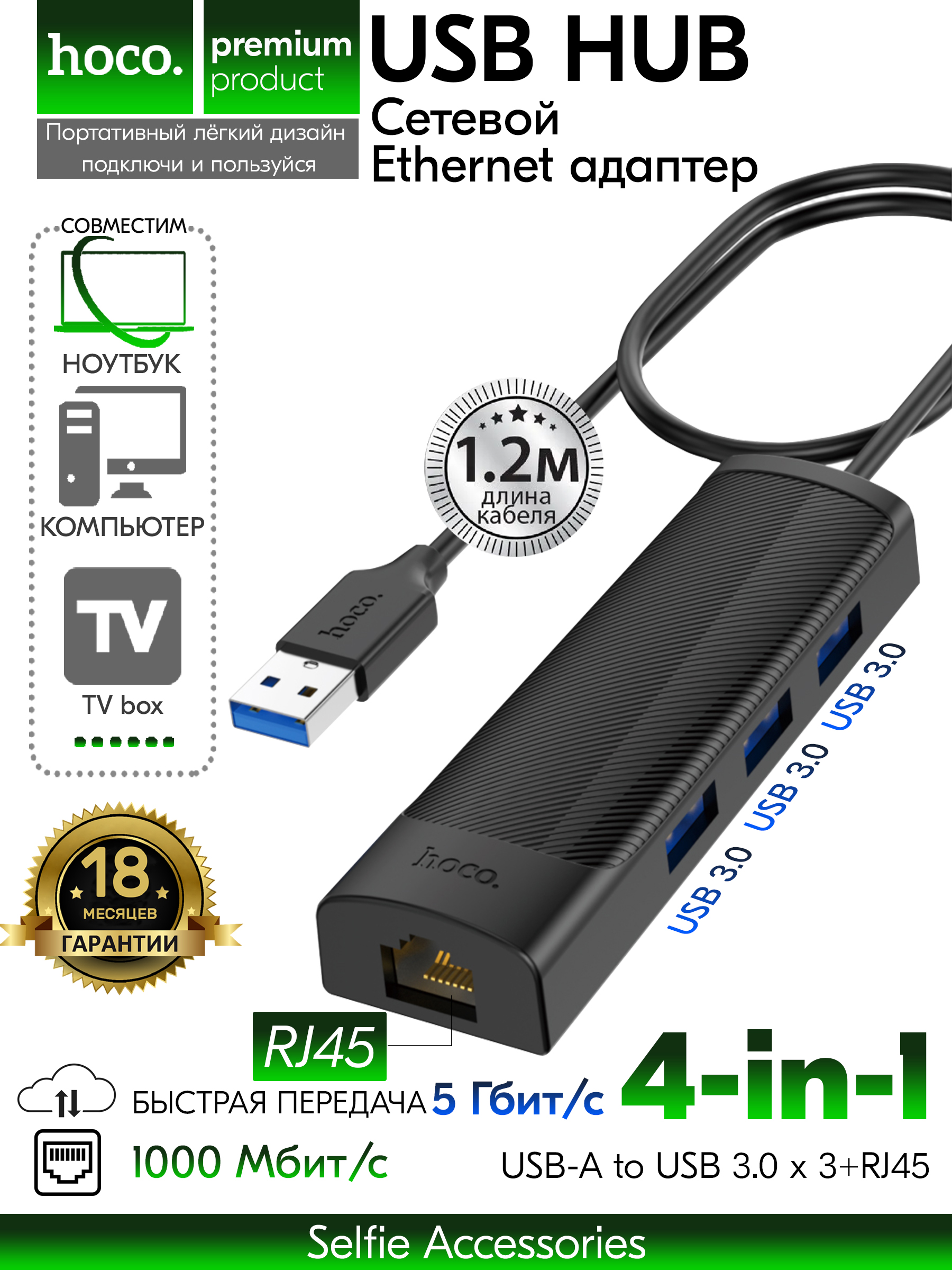USB-хаб Hoco HB42 3xUSB 3.0 + Gigabit Ethernet адаптер с сетевым портом ...