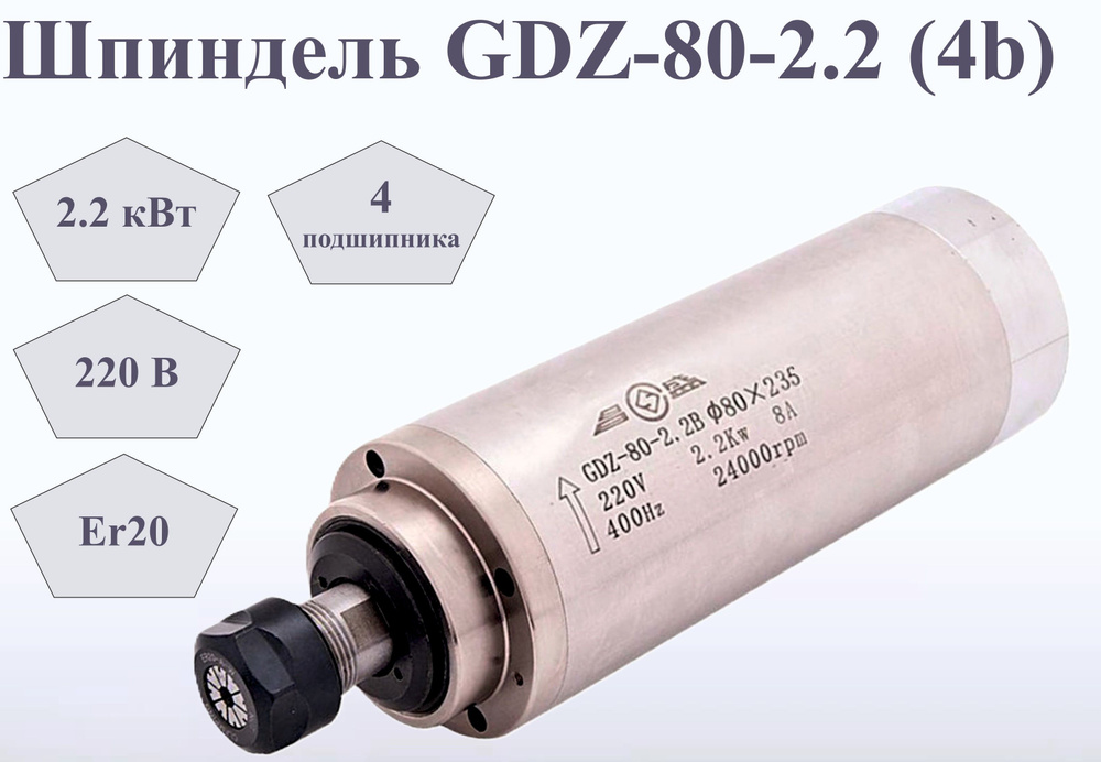 Шпиндель GDZ-80-2.2 (2.2 кВт, 220V, ER20, 4 подшипника) водяного охлаждения - купить с доставкой ...