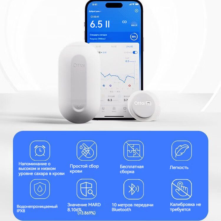 Монитор глюкозы в крови Ottai M8 Все в одном Система непрерывного мониторинга глюкозы без сборки ...