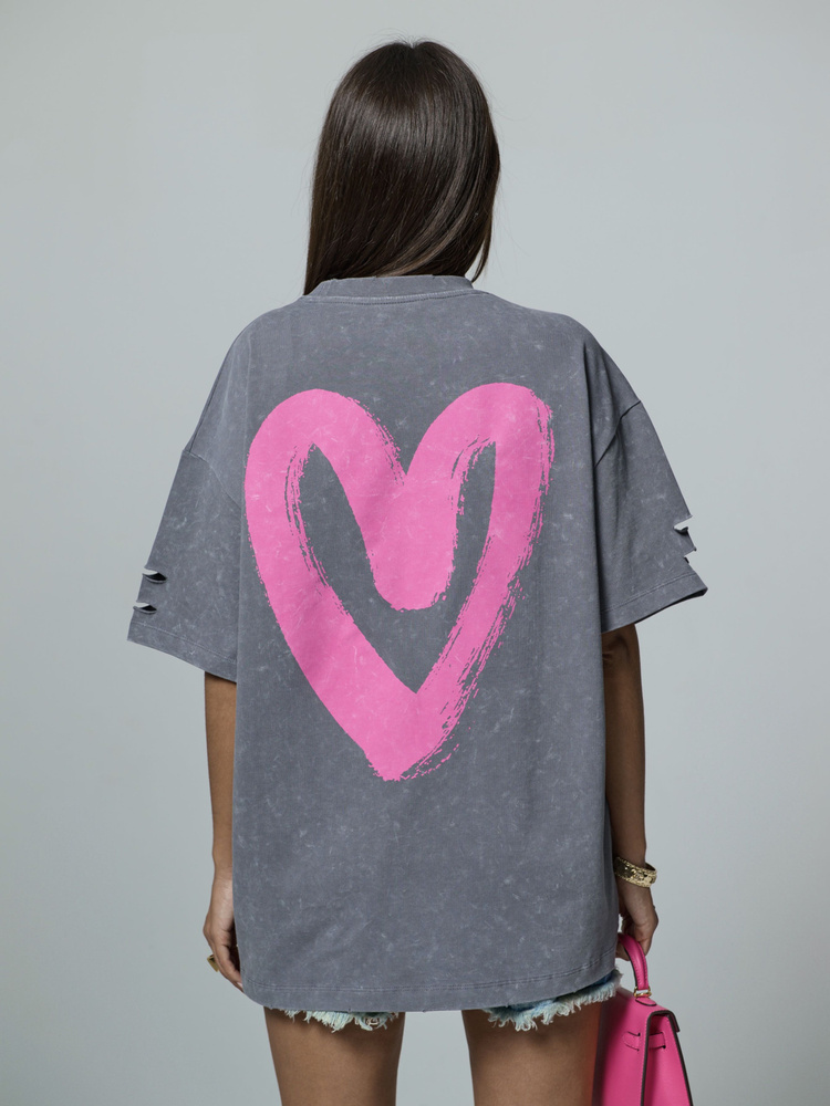Футболка Женский темно серый Короткий размер универсальный Кулирная гладь Сердца оверсайз