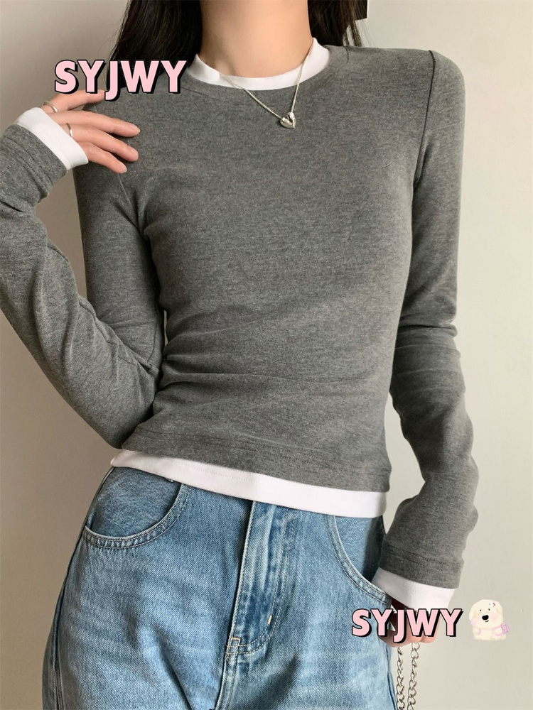 Лонгслив Женский SYJWY серый, размер 42 Полиэстер Логотип Вечерний/праздничный Без застежки ...