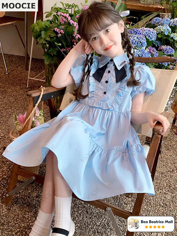 Платье Девочки MOOCIE синий серый Повседневный Короткий Хлопок, размер 140 купить c доставкой на ...