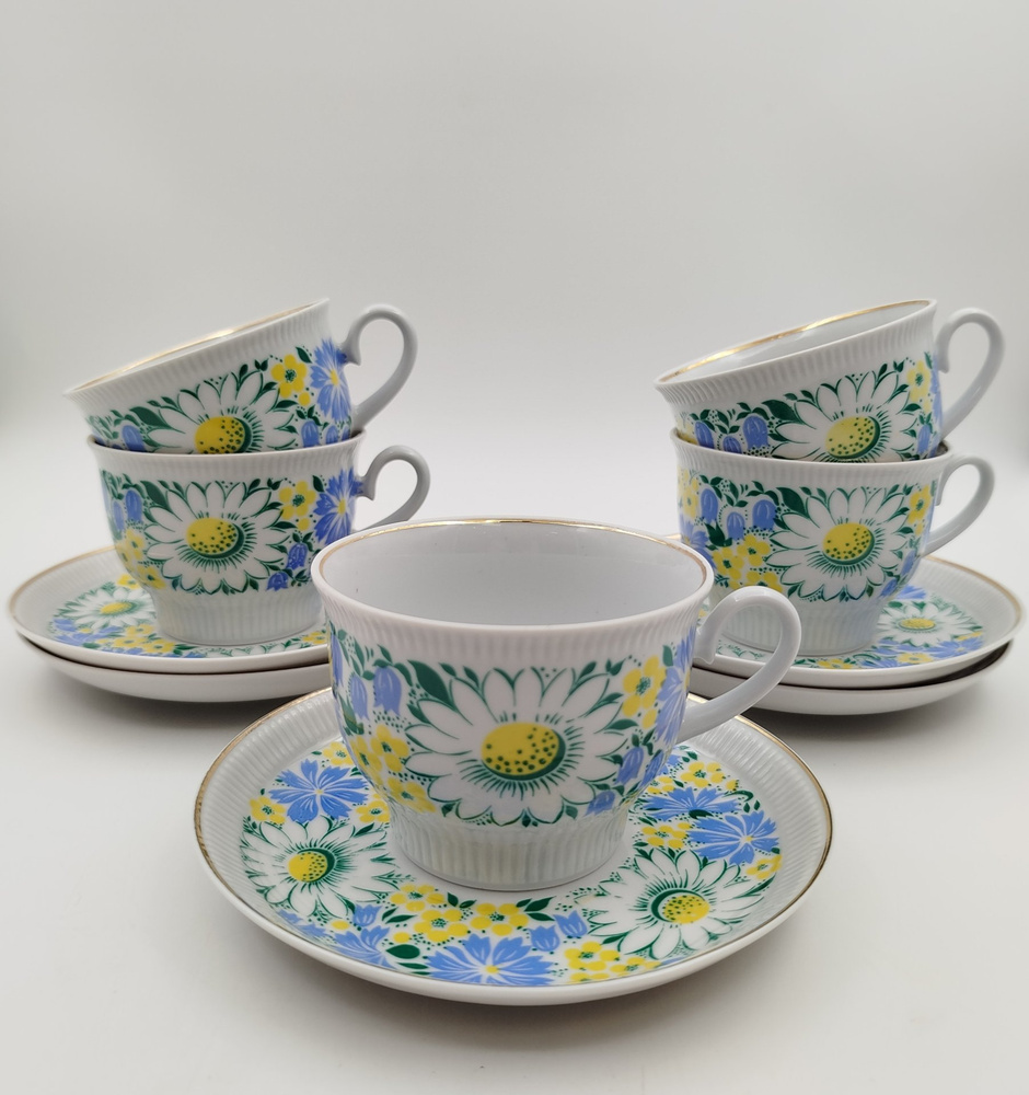 Набор чайных пар "Полевые цветы" на 5 персон, Ленинградский фарфоровый завод ЛФЗ СССР 1970-1991 ...