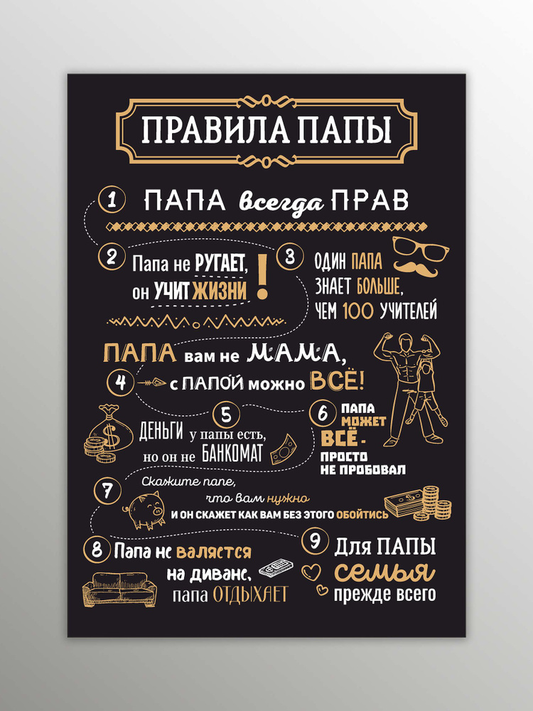 Магнит Правила папы на холодильник, в подарок папе 21х30 см, Порадуй ...
