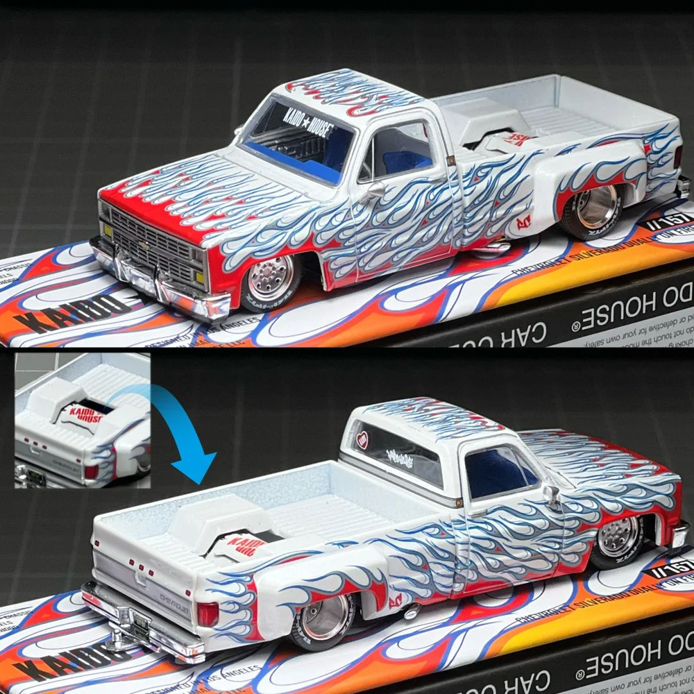 MINI GT+KAIDO HOUSE KHMG157 CHEVROLET SILVERADO DUALLY ON FIRE V2 Литой ...