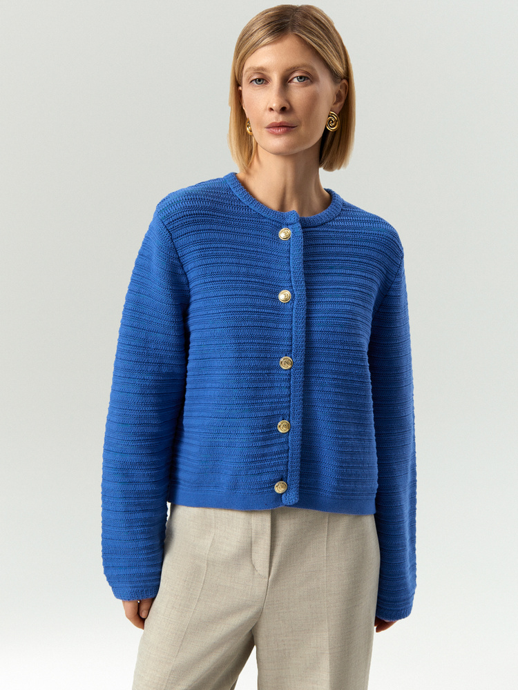 Кардиган Женский EMKA синий, размер 44, 46 Пуговицы Декоративные пуговицы прямой Длинный ...