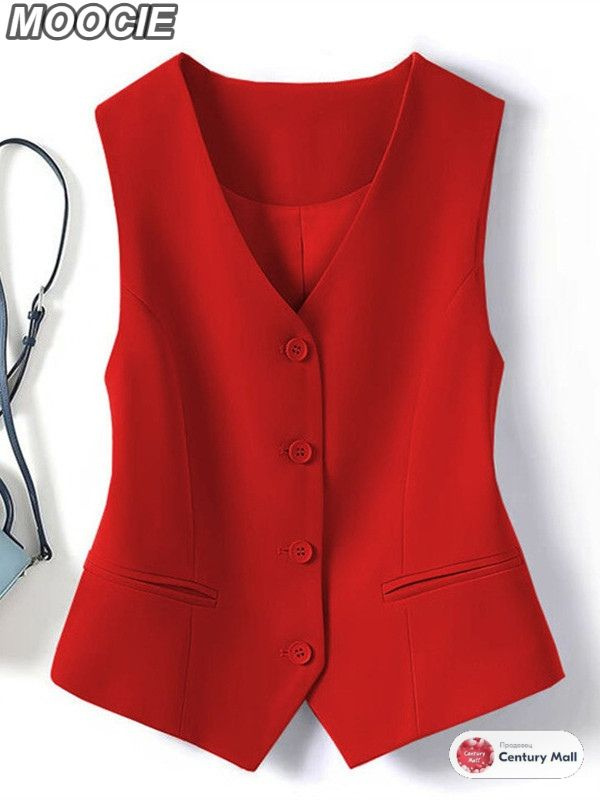 Жилет Женский MOOCIE красный Политекс, размер 46 Воротник приталенный Пуговицы Однотонный ...
