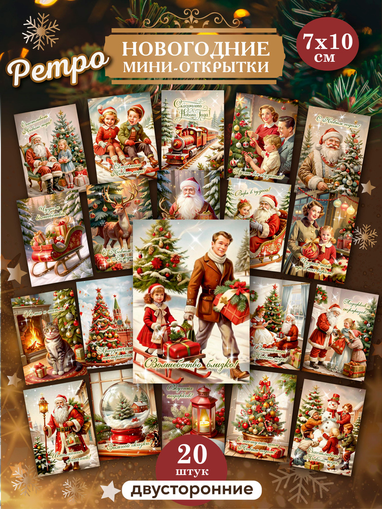 Новогодние открытки мини винтажные ретро набор 2025 купить c доставкой ...