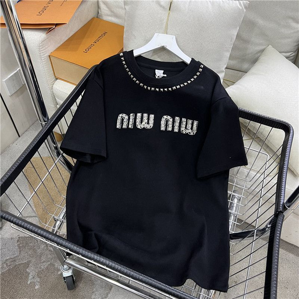 Футболка Женский Miu Miu черный Короткий размер 46 48 Хлопок Логотип полуприталенный Китай