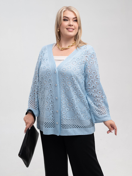 Кардиган Женский SAFI&AMI Collection голубой Трикотаж, размер 56 Пуговицы прямой Длинный Средняя ...