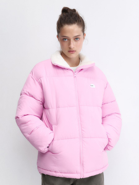 Куртка Женский Befree Вышивка розовый Плащевка, размер 46 Длинный Зима прямой Синтепух Китай ...