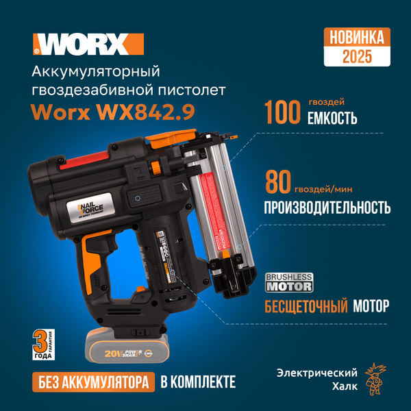 Аккумуляторный гвоздезабивной пистолет Worx Nitro NailForce WX842.9, 80 ...