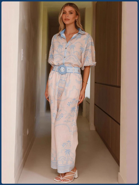 Комплект одежды Женский Pull&Bear брючный, с сорочкой синий, размер 48 Лён, Политекс Цветочный ...