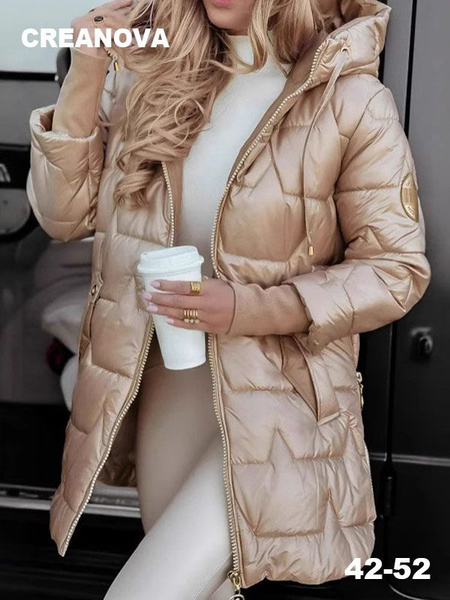 Пуховик Женский CREANOVA Карманы шампань V-образный Искусственный пух, размер 52 Длинный Зима ...