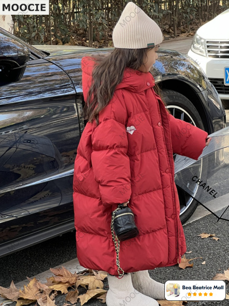 Пуховик Девочки, Мальчики MOOCIE красный Политекс, размер 160 Длинный Зима Полиэфирное волокно ...