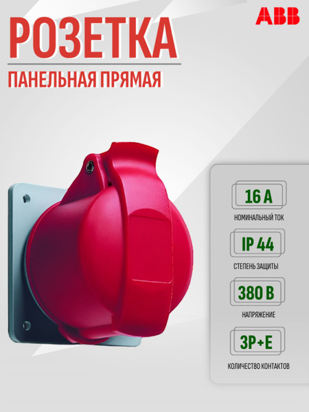 Розетка панельная прямая 16A, 3P+E, 380V, IP44 CEW 316 RU6 ABB ...