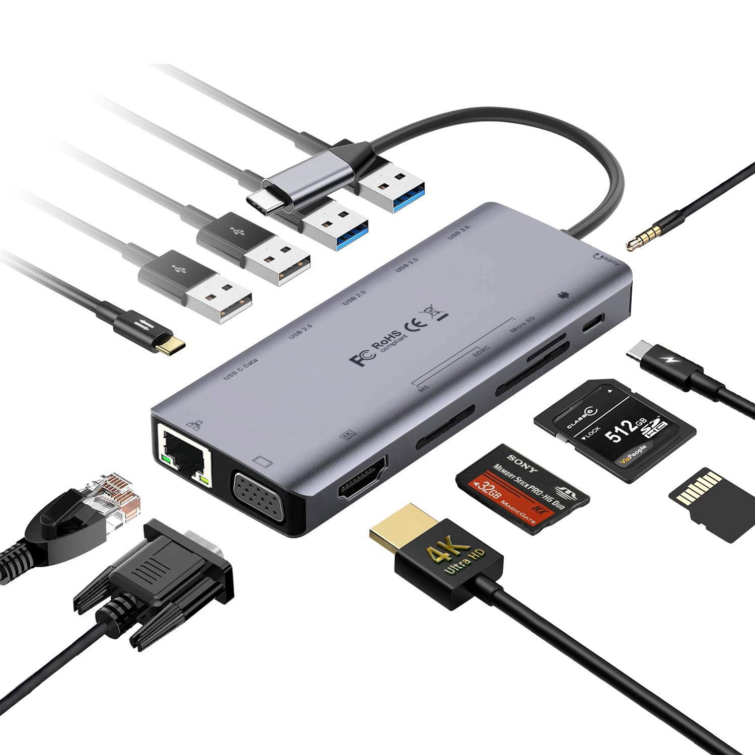 USB разветвитель 13 в 1 USB HUB Type C док станция 4K HDMI 60Гц VGA USB ...
