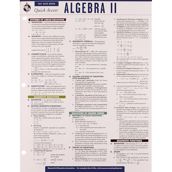 Algebra 2 - REA's Quick Access Reference Chart (Quick Access Reference ...