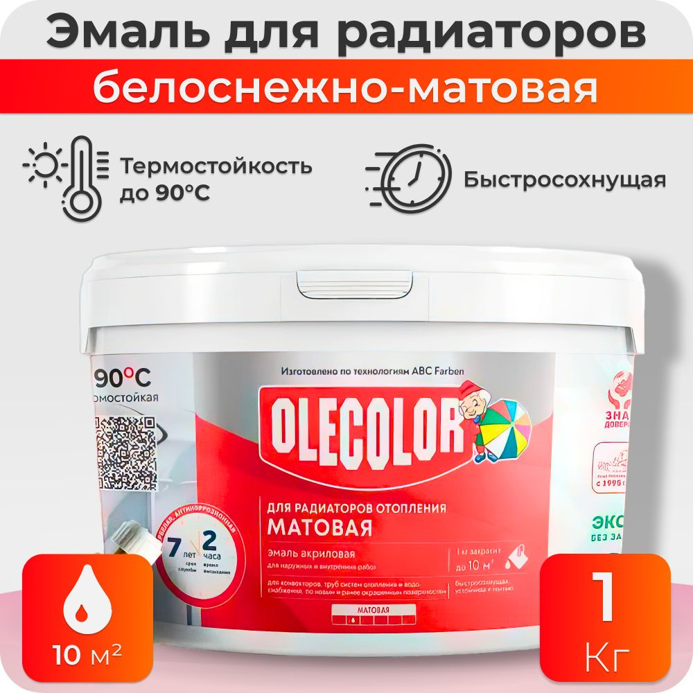 Эмаль OLECOLOR для радиаторов Термостойкая, Быстросохнущая, Матовое ...