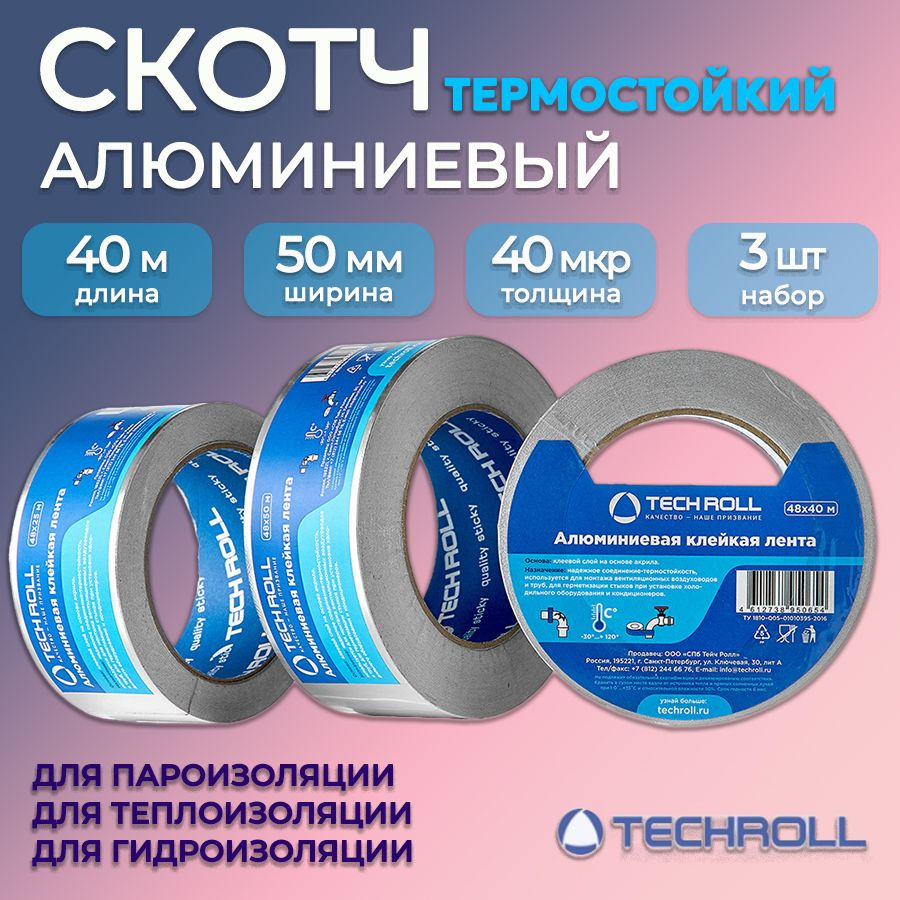 Алюминиевый скотч термостойкий, набор 3 шт по 40м/ фольгированная ...