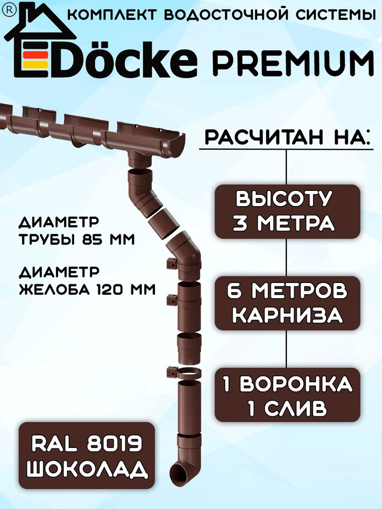 Комплект водосточной системы Docke Premium 6 метров шоколад (120мм/85мм) водосток для крыши Дёке ...