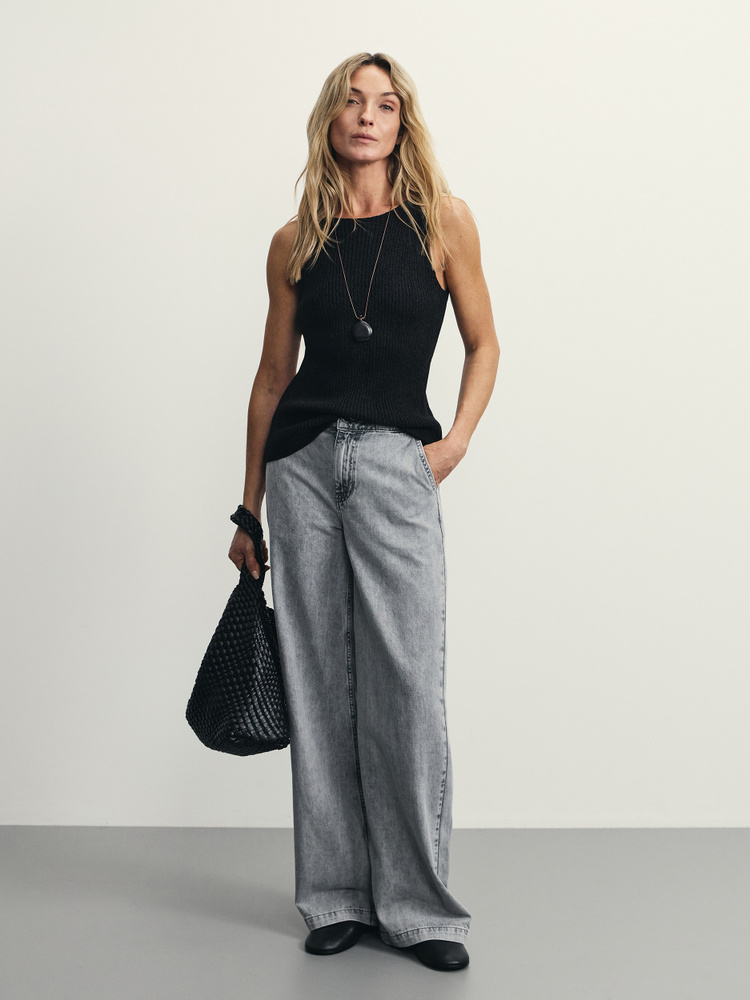 Джинсы Женский Zarina светло-серый широкие Хлопок, размер 44 свободный Молния Средняя Карманы ...