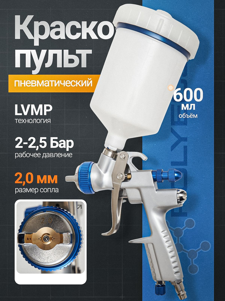 Краскопульт пневматический профессиональный LVMP Polyecs дюза 2,0 мм с ...